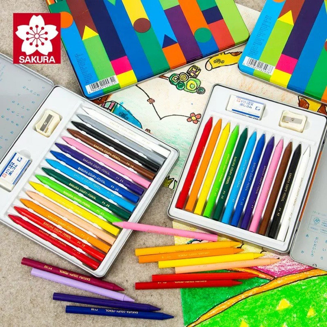 SAKURA COUPY-PENCIL 60 colors crayon (Erasable crayons in Iron box) FY-60